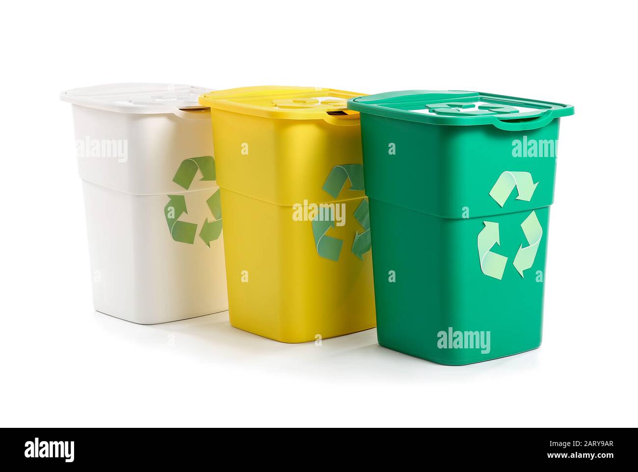 Containers for trash with recycling signs on white background Stock ...