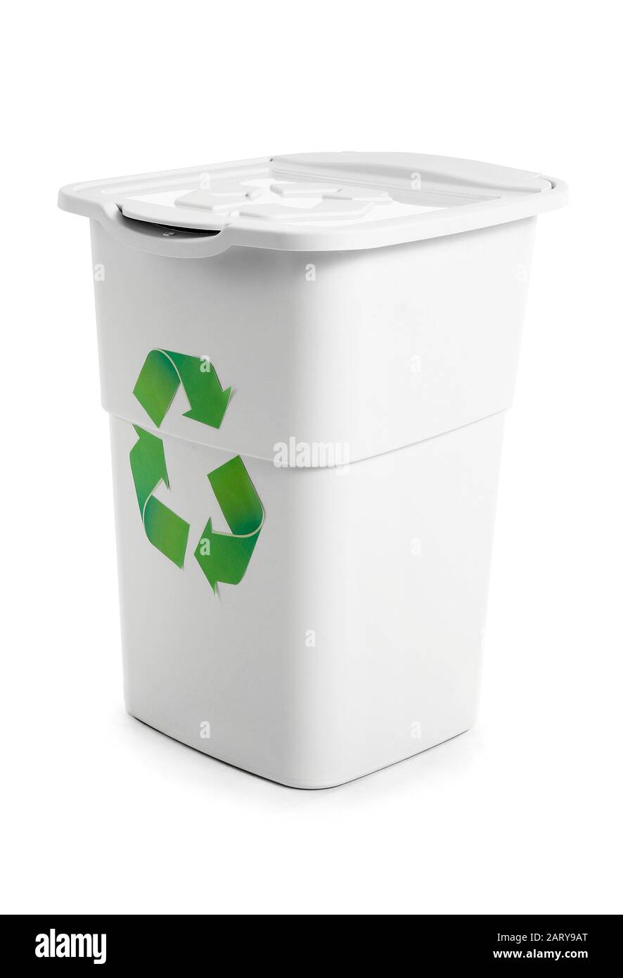 Container for trash with recycling sign on white background Stock Photo - Alamy