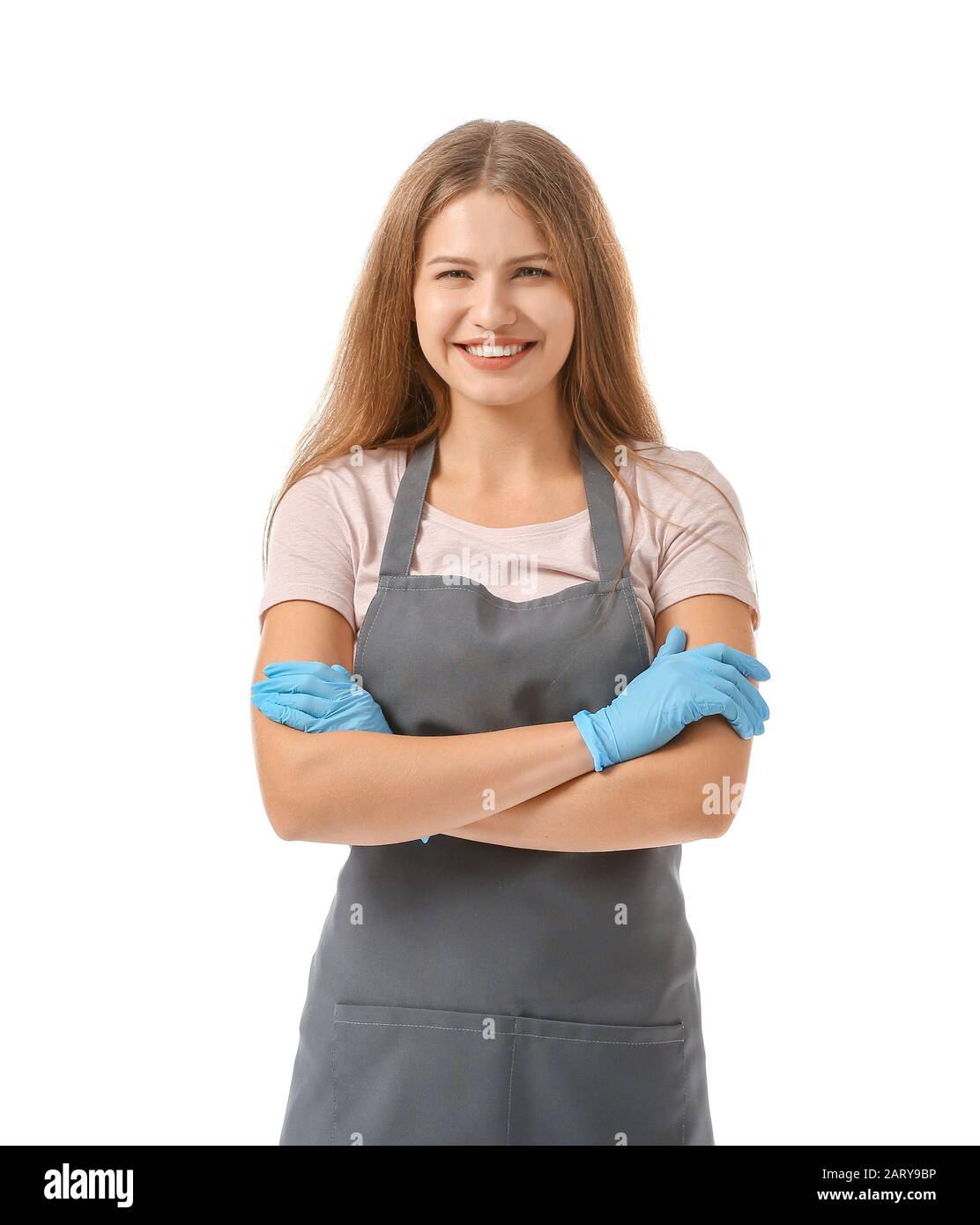 Female janitor on white background Stock Photo - Alamy