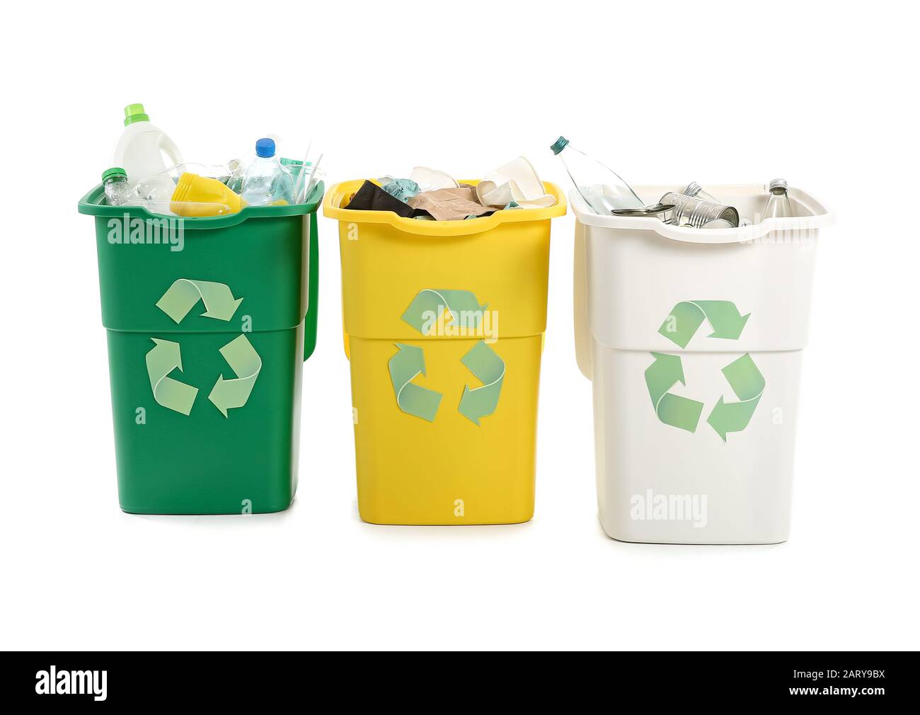 Containers with different types of garbage on white background ...