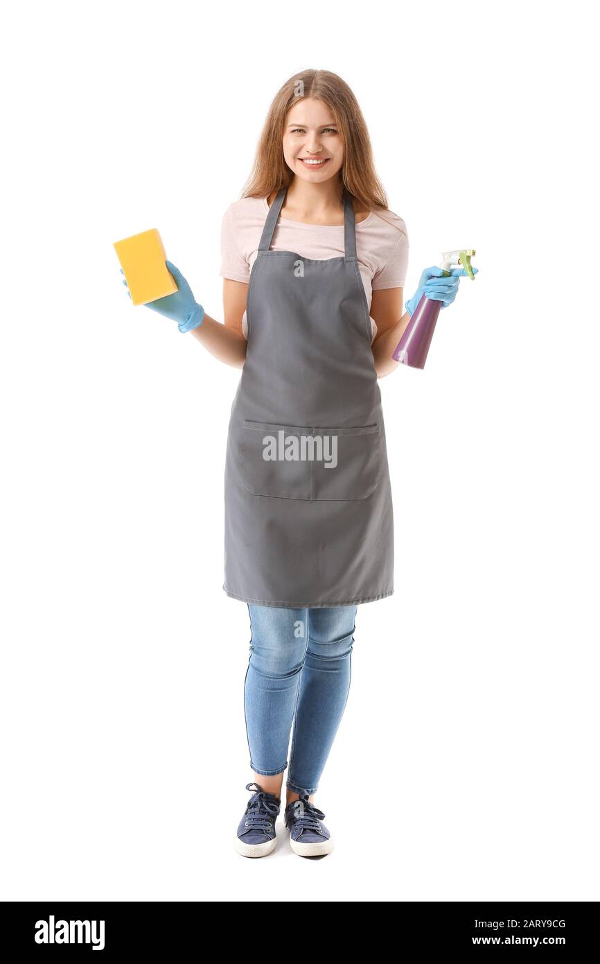 Female janitor on white background Stock Photo - Alamy