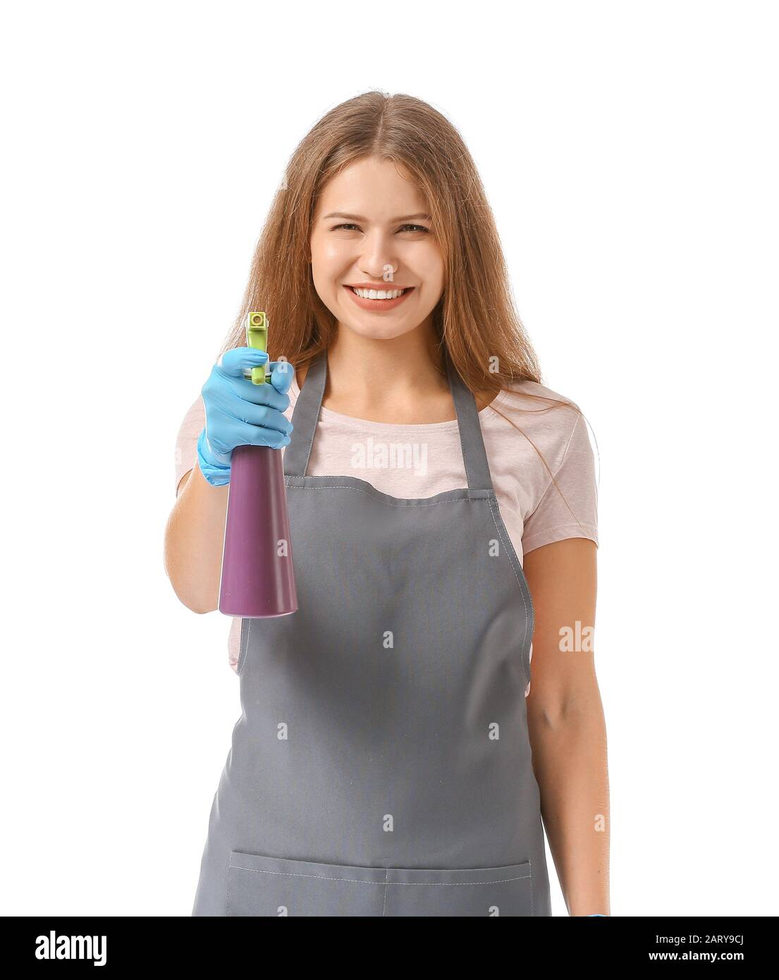 Female janitor on white background Stock Photo - Alamy