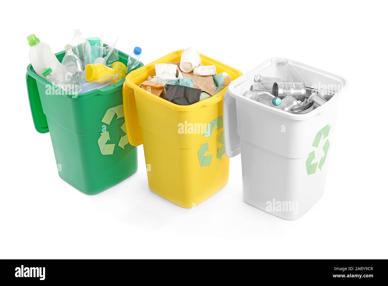 Containers with different types of garbage on white background ...