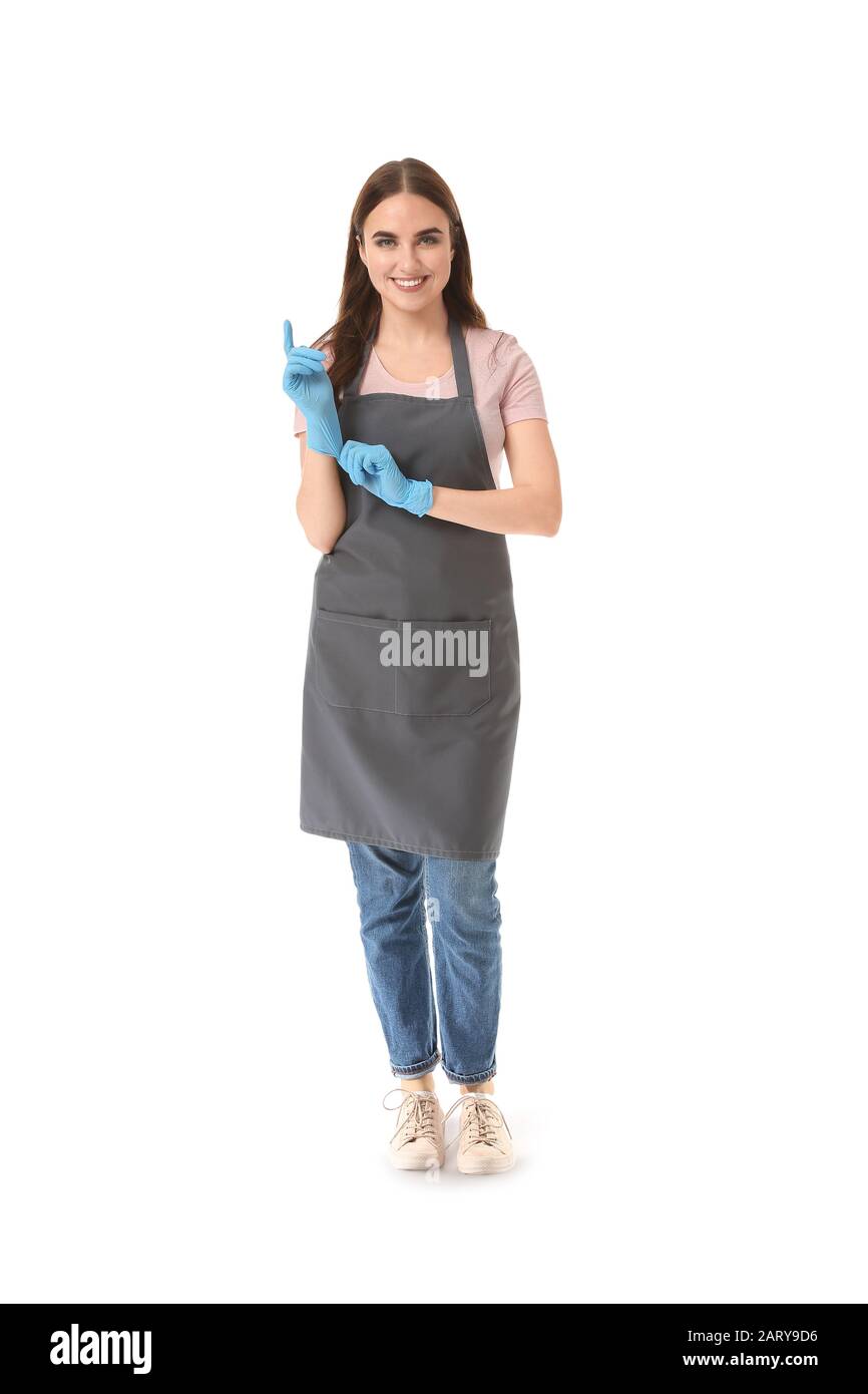 Female janitor on white background Stock Photo - Alamy