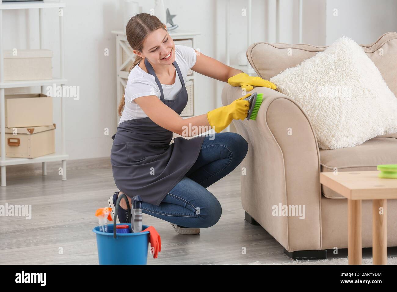 Female janitor cleaning furniture in room Stock Photo - Alamy