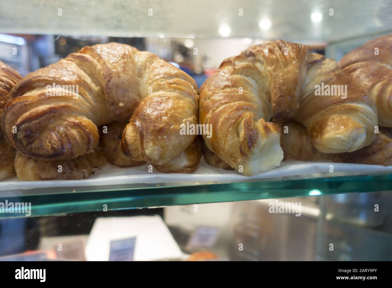 Homemade fresh croissants on display in a bakery cafe in Park Slope ...