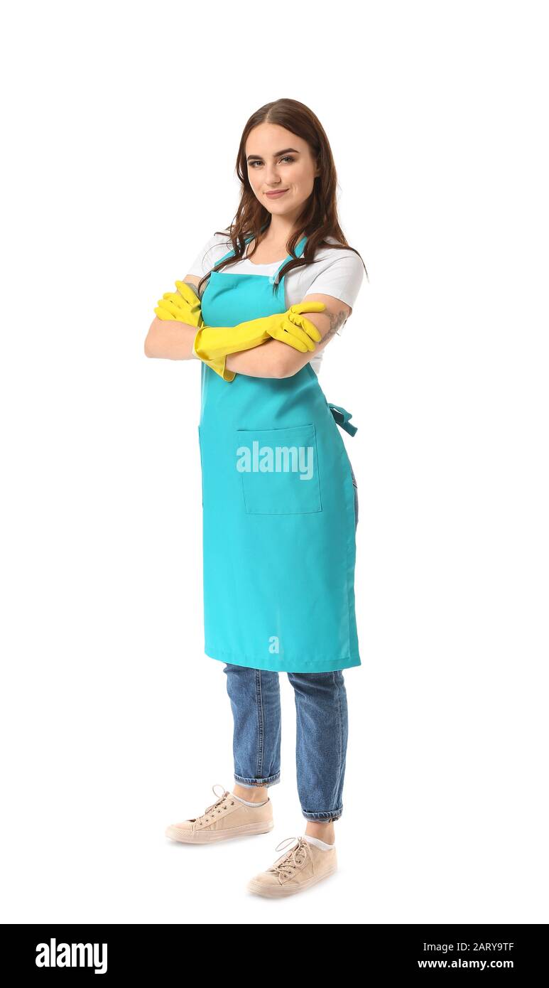 Female janitor on white background Stock Photo - Alamy