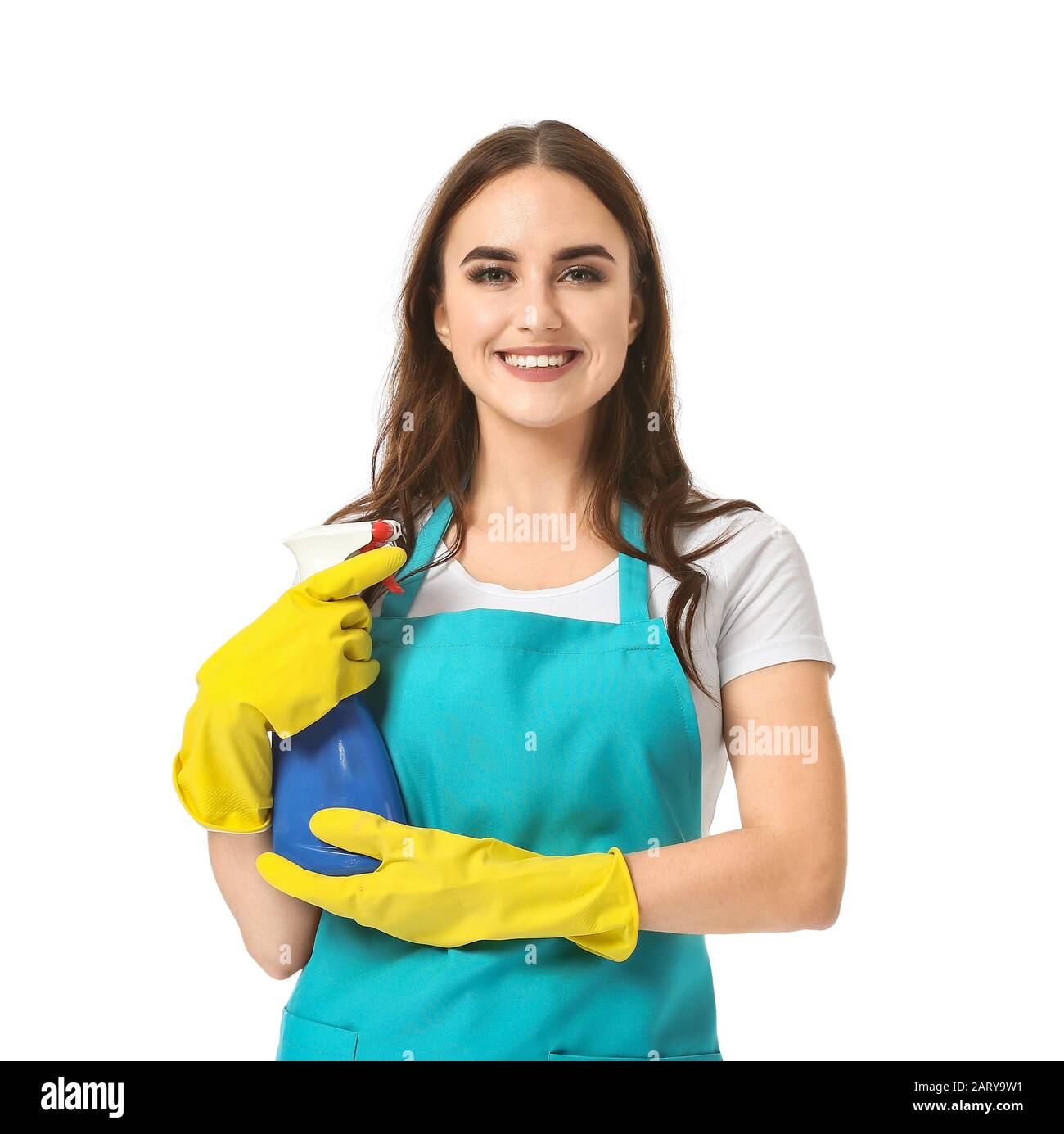 Female janitor on white background Stock Photo - Alamy