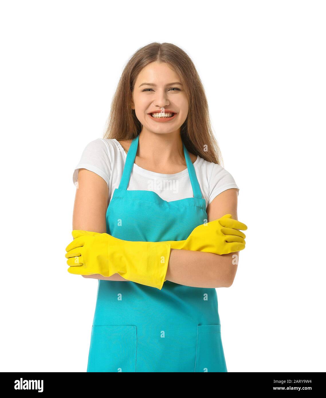 Female janitor on white background Stock Photo - Alamy