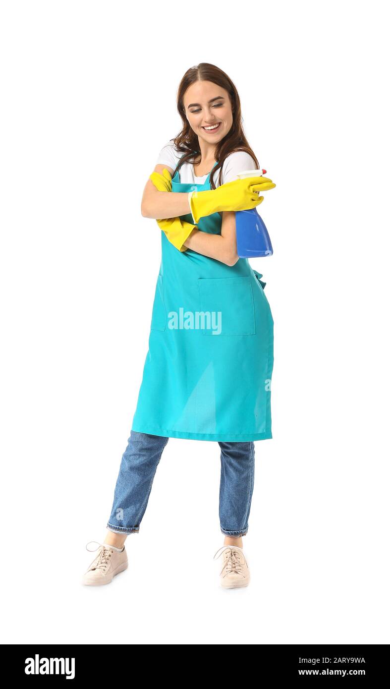 Female janitor on white background Stock Photo - Alamy