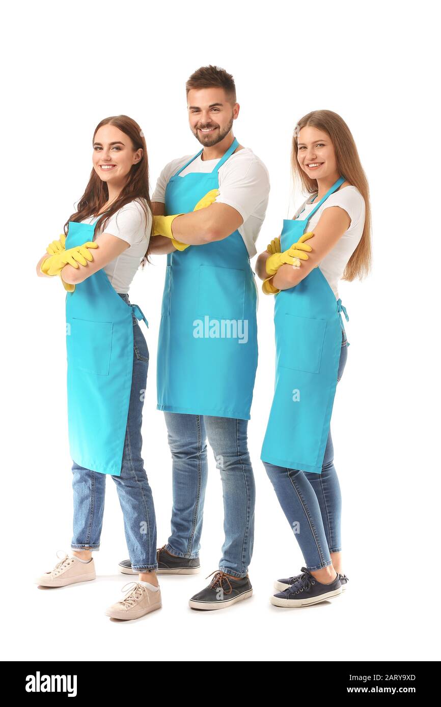 Team of janitors on white background Stock Photo - Alamy