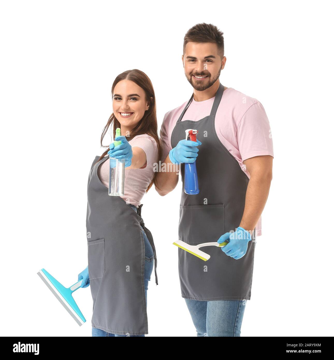 Team of janitors on white background Stock Photo - Alamy