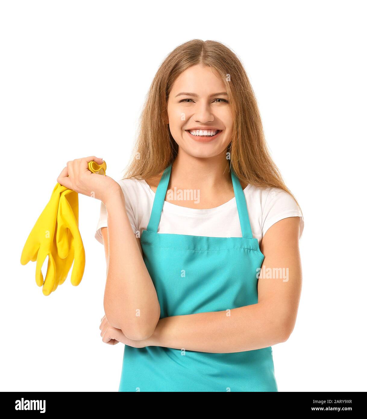 Female janitor on white background Stock Photo - Alamy