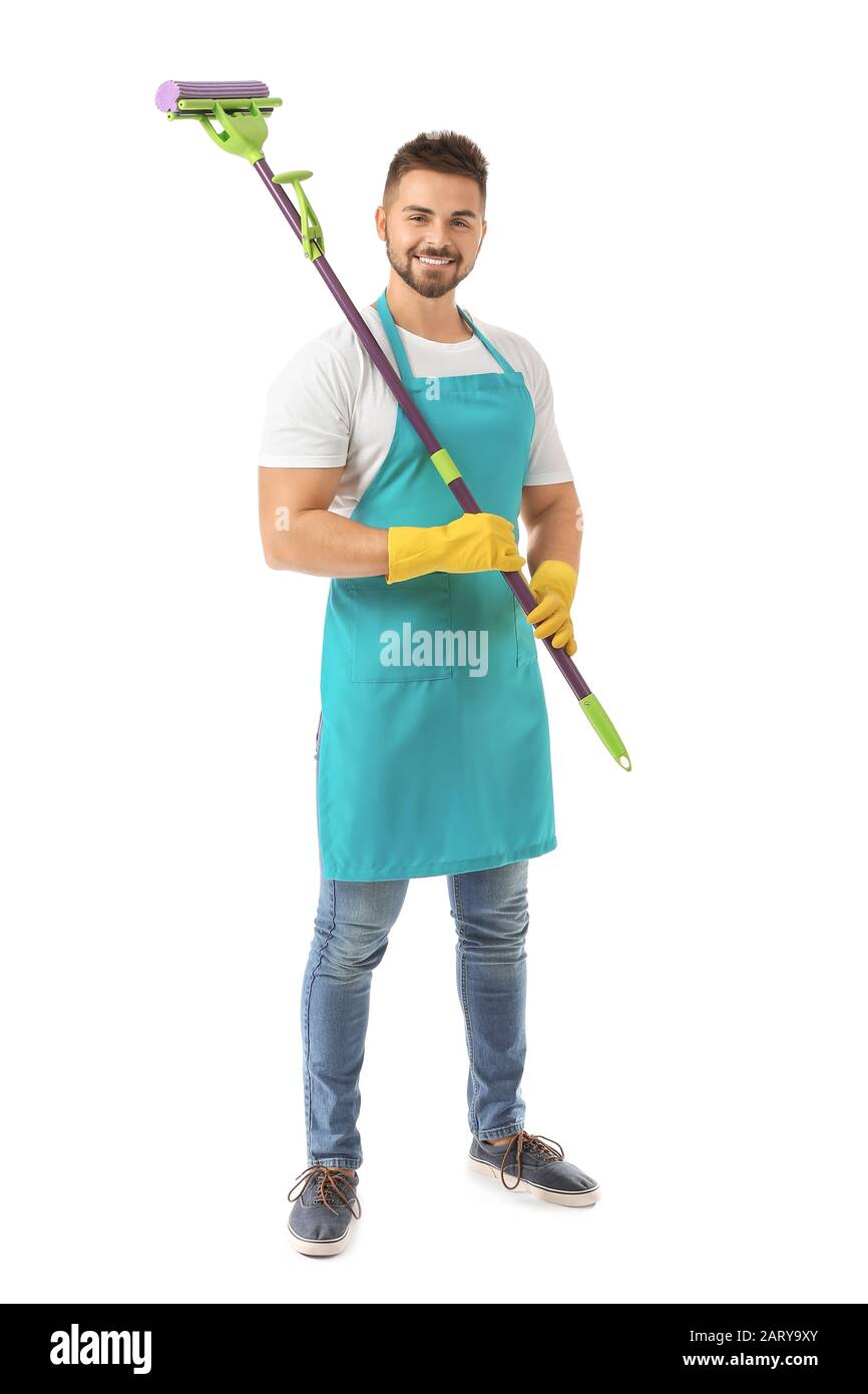 Male janitor on white background Stock Photo - Alamy