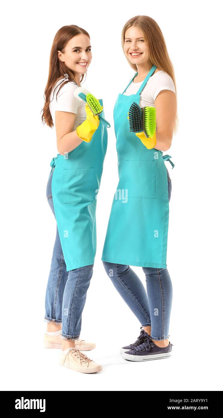 Female janitors on white background Stock Photo - Alamy
