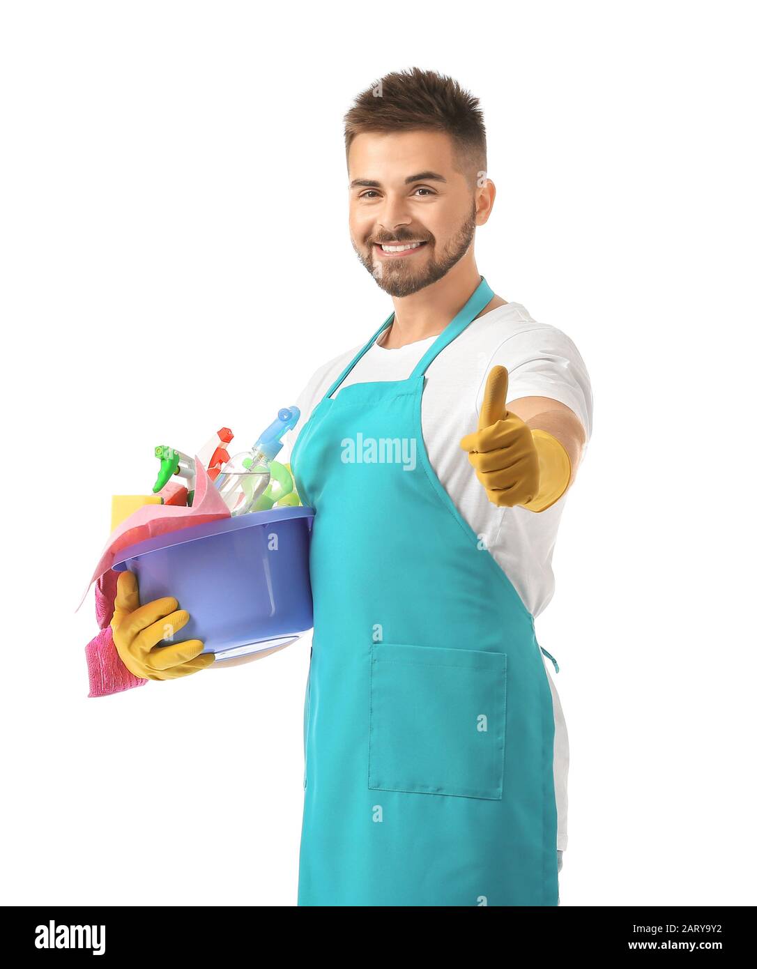Male janitor showing thumb-up gesture on white background Stock Photo ...