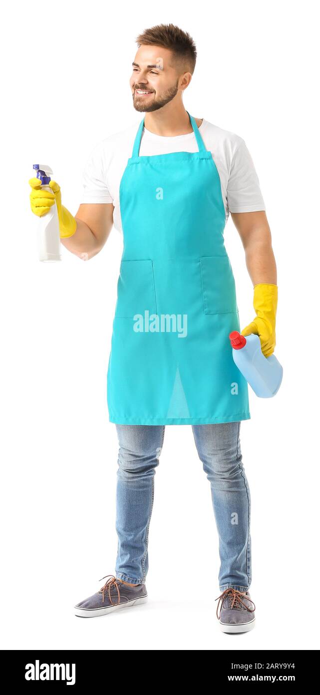 Male janitor on white background Stock Photo - Alamy
