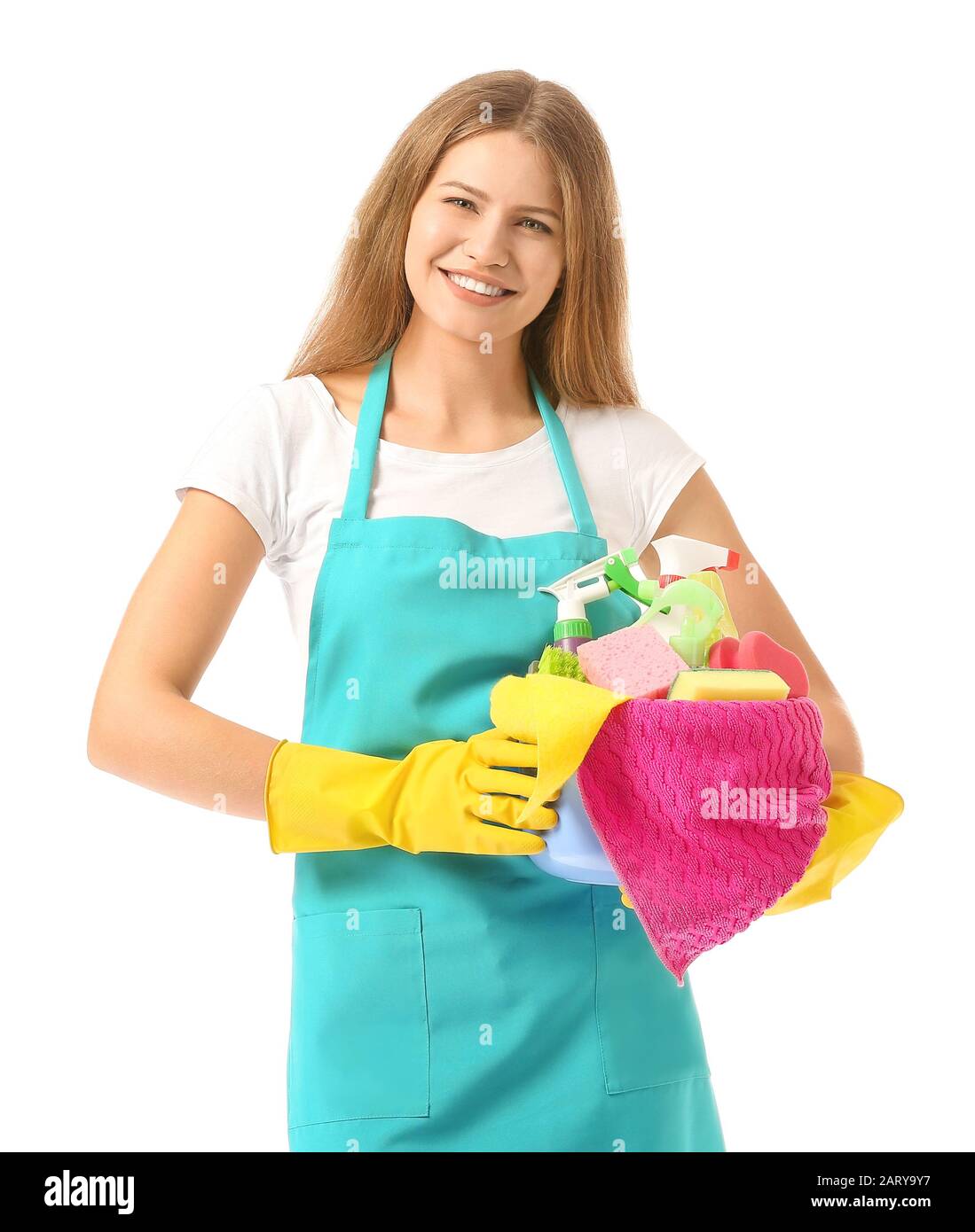 Female janitor with cleaning supplies on white background Stock Photo ...