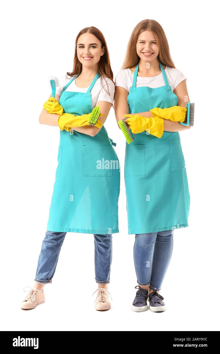 Female janitors on white background Stock Photo - Alamy