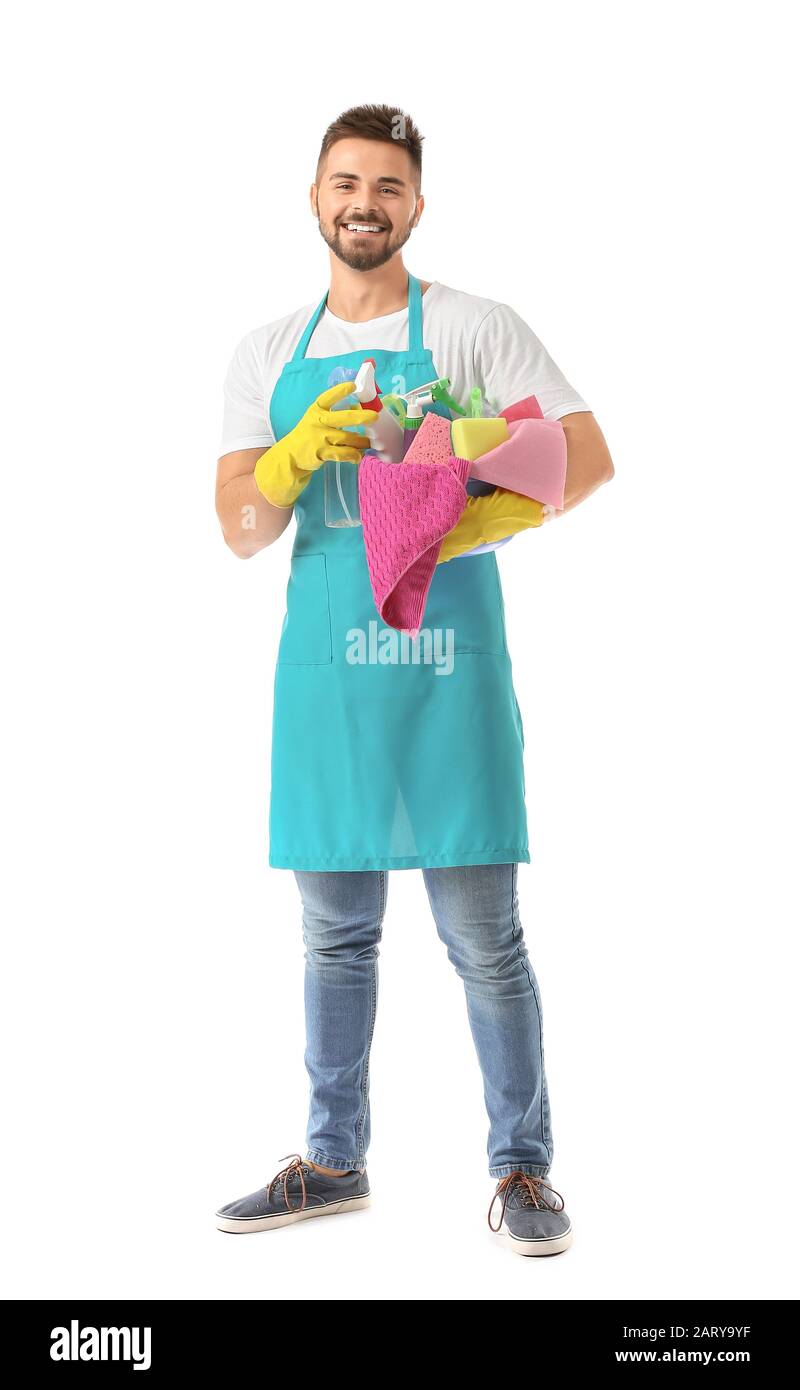 Male janitor with cleaning supplies on white background Stock Photo - Alamy