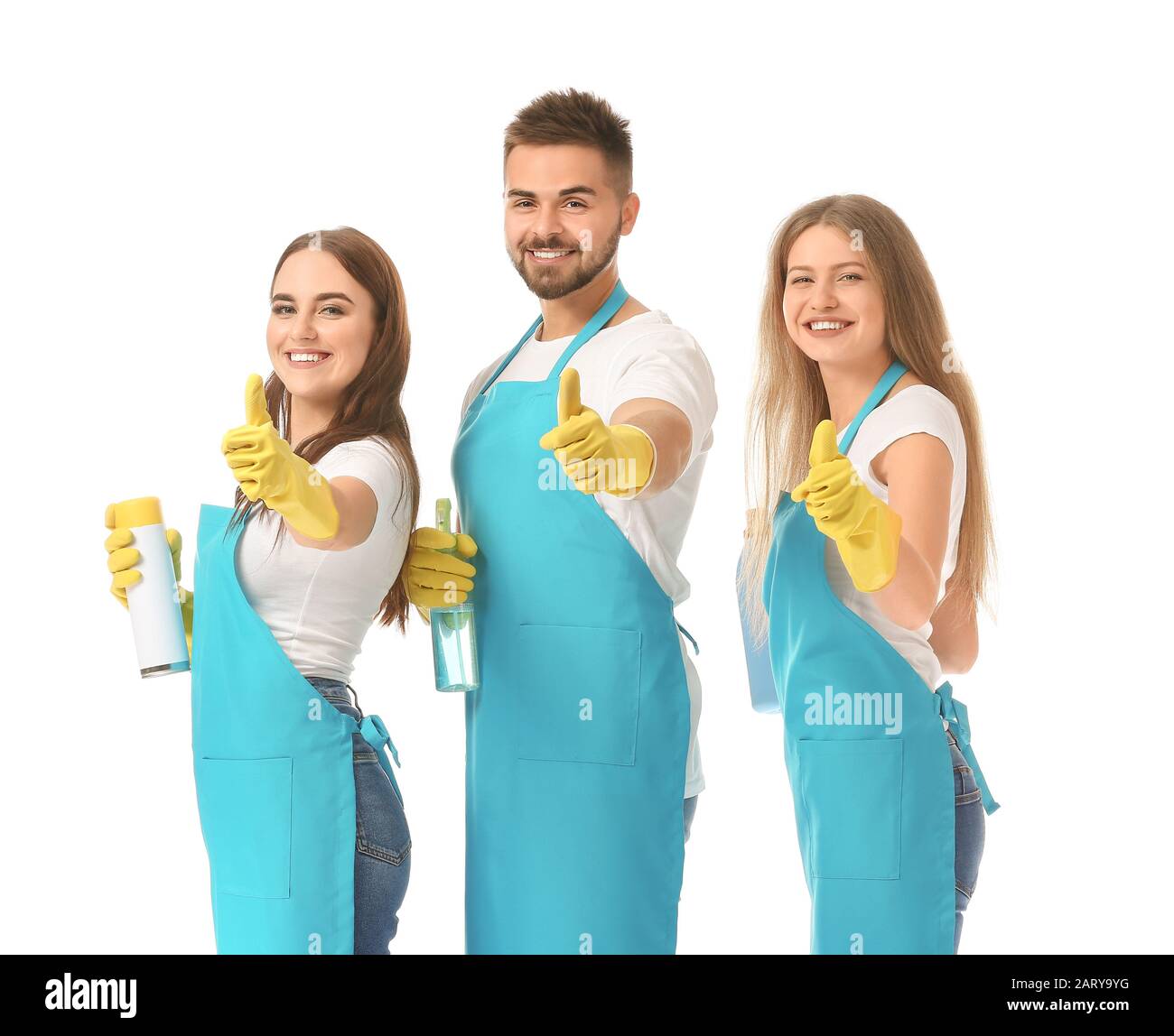 Team of janitors showing thumb-up gesture on white background Stock ...