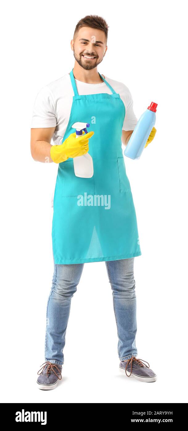 Male janitor on white background Stock Photo - Alamy