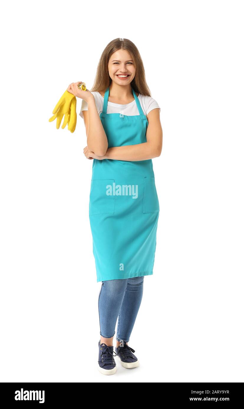 Female janitor on white background Stock Photo - Alamy