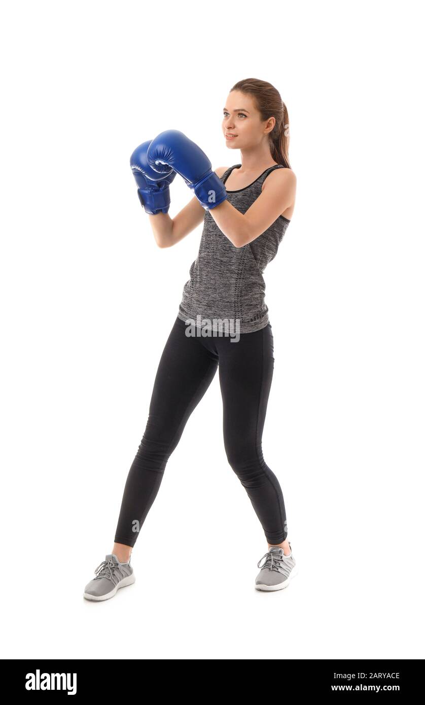 Sporty female boxer on white background Stock Photo - Alamy