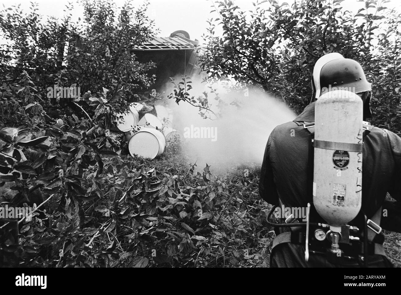Truck tilted with barrels filled with sulphur fire, saltpeter and ...