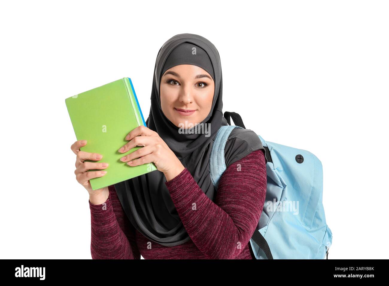 Portrait of female Muslim student on white background Stock Photo - Alamy