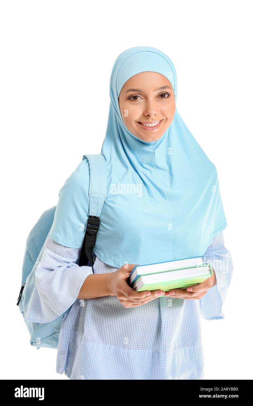 Female Muslim student on white background Stock Photo - Alamy