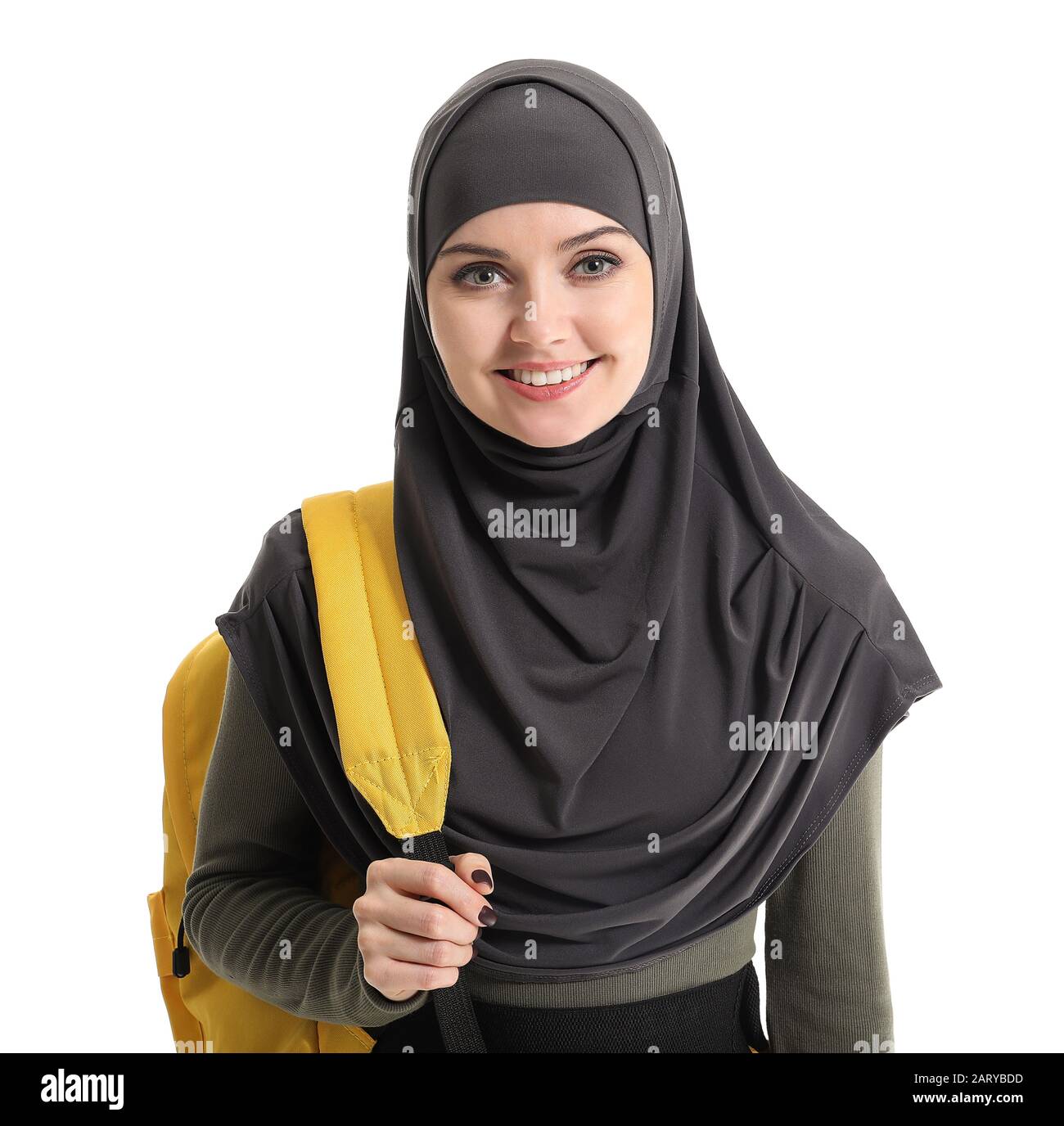 Female Muslim student on white background Stock Photo - Alamy