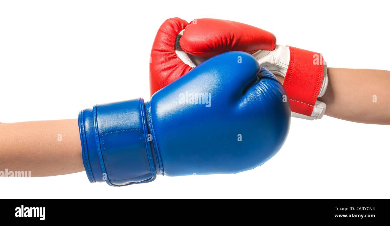 Hands in boxing gloves on white background Stock Photo - Alamy