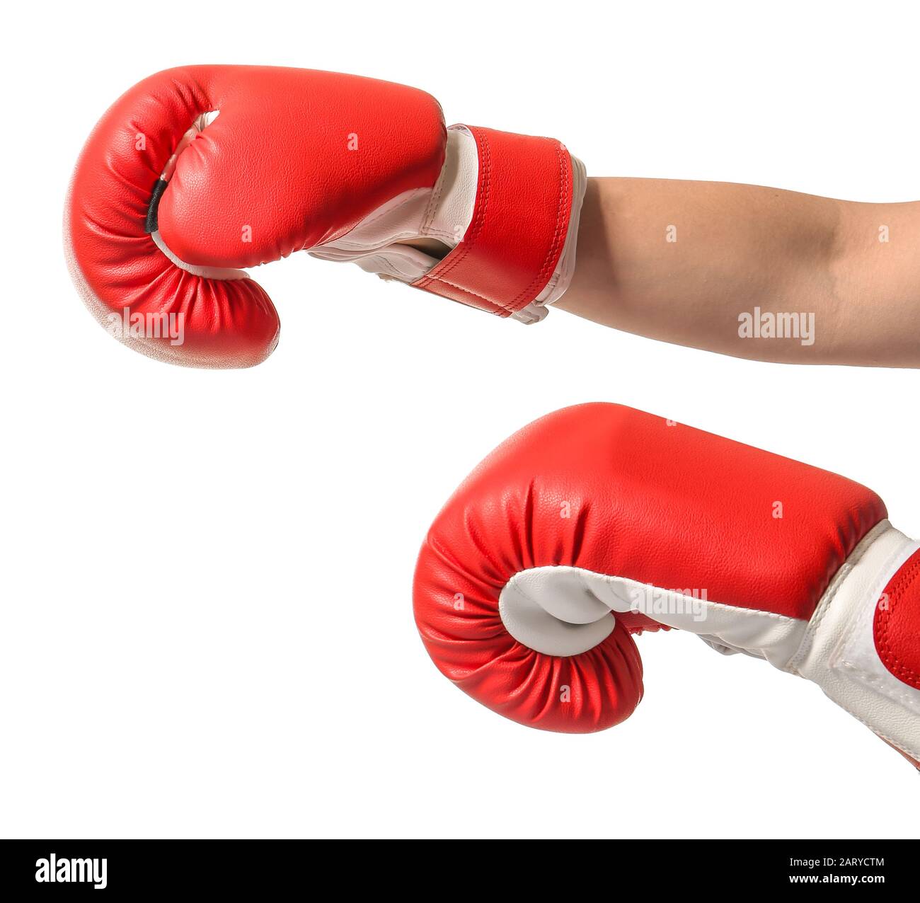 Hands in boxing gloves on white background Stock Photo - Alamy
