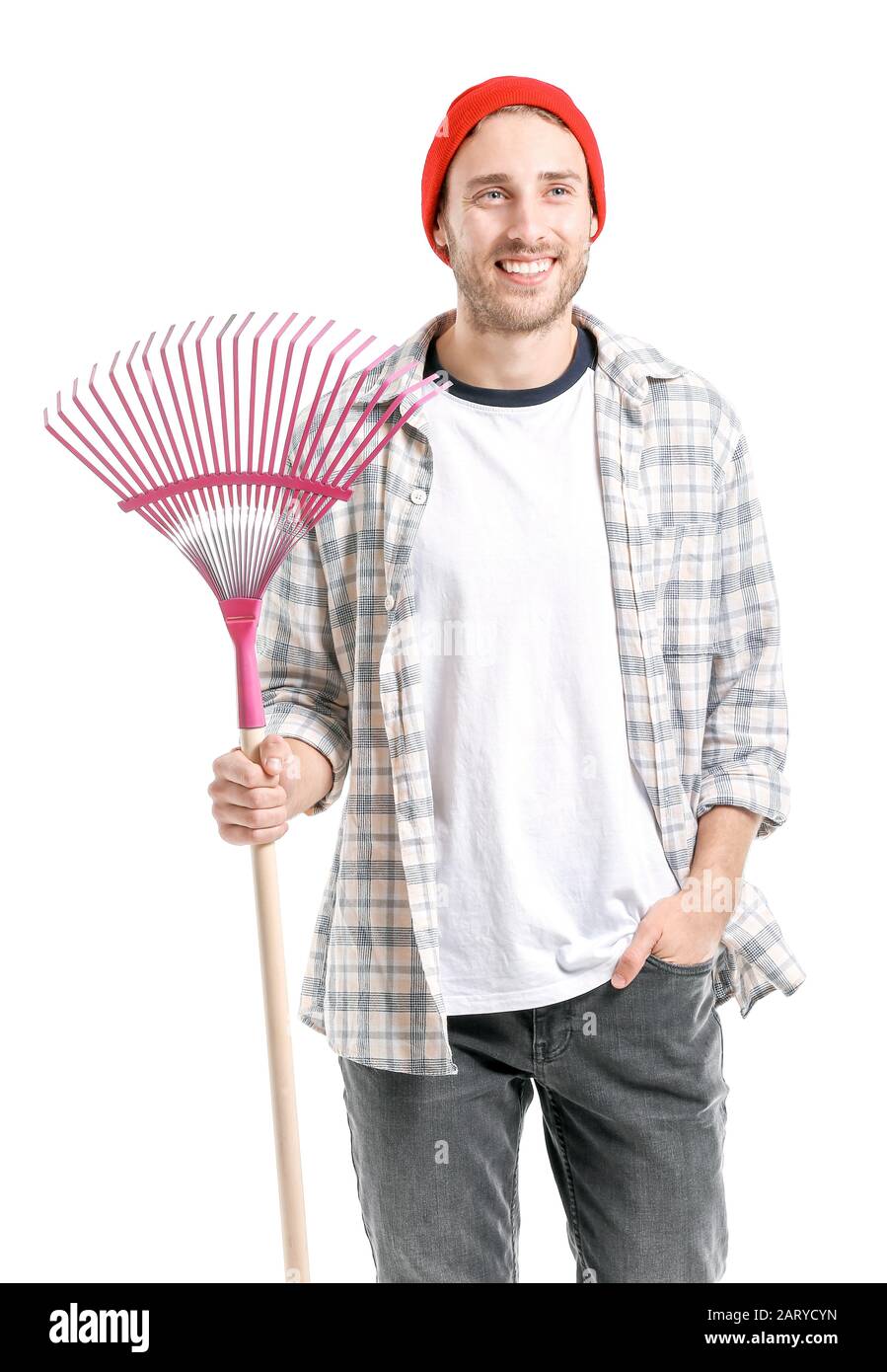 Man with rake for autumn leaves clean-up on white background Stock ...