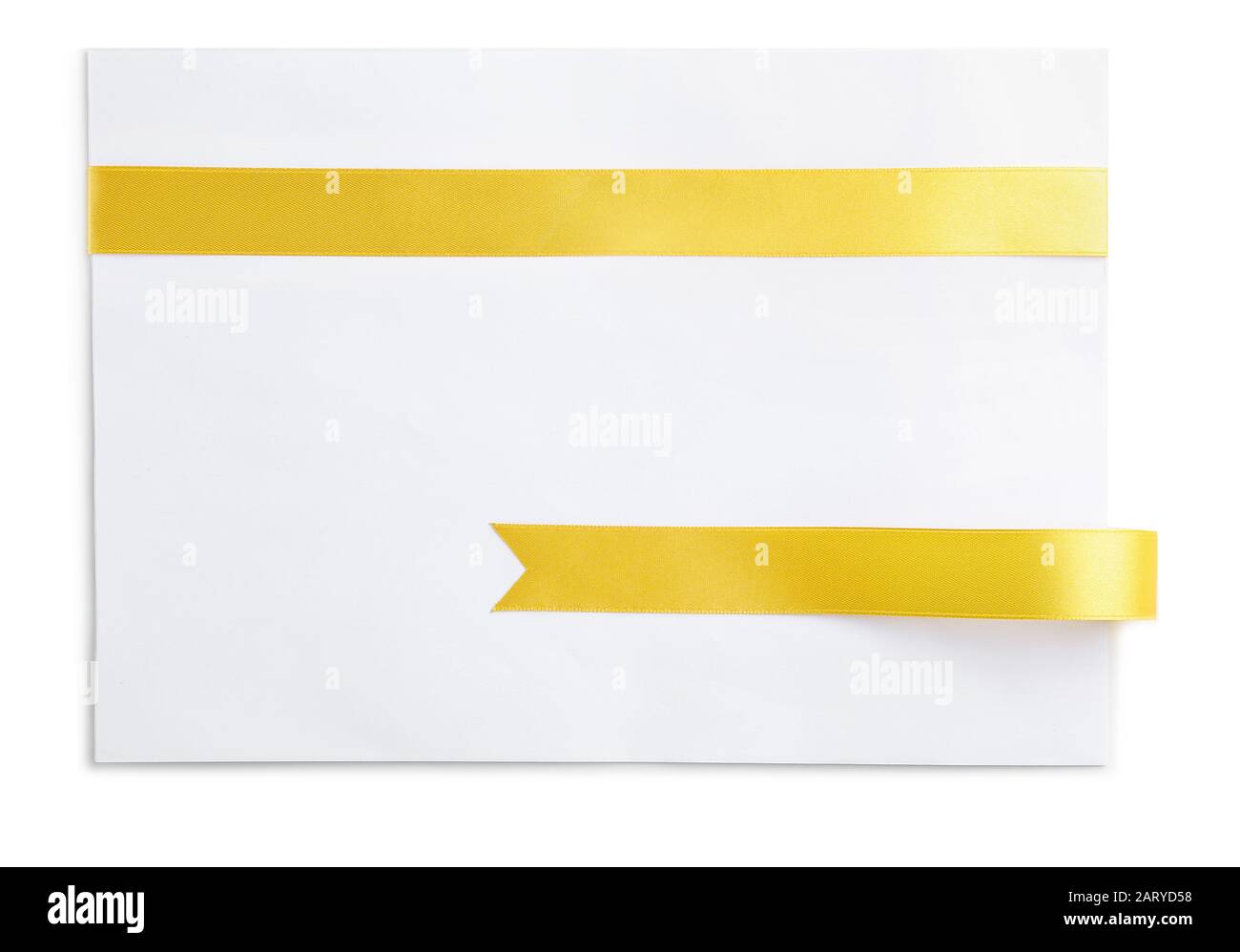 Blank sheet of paper with golden ribbon on white background Stock Photo ...