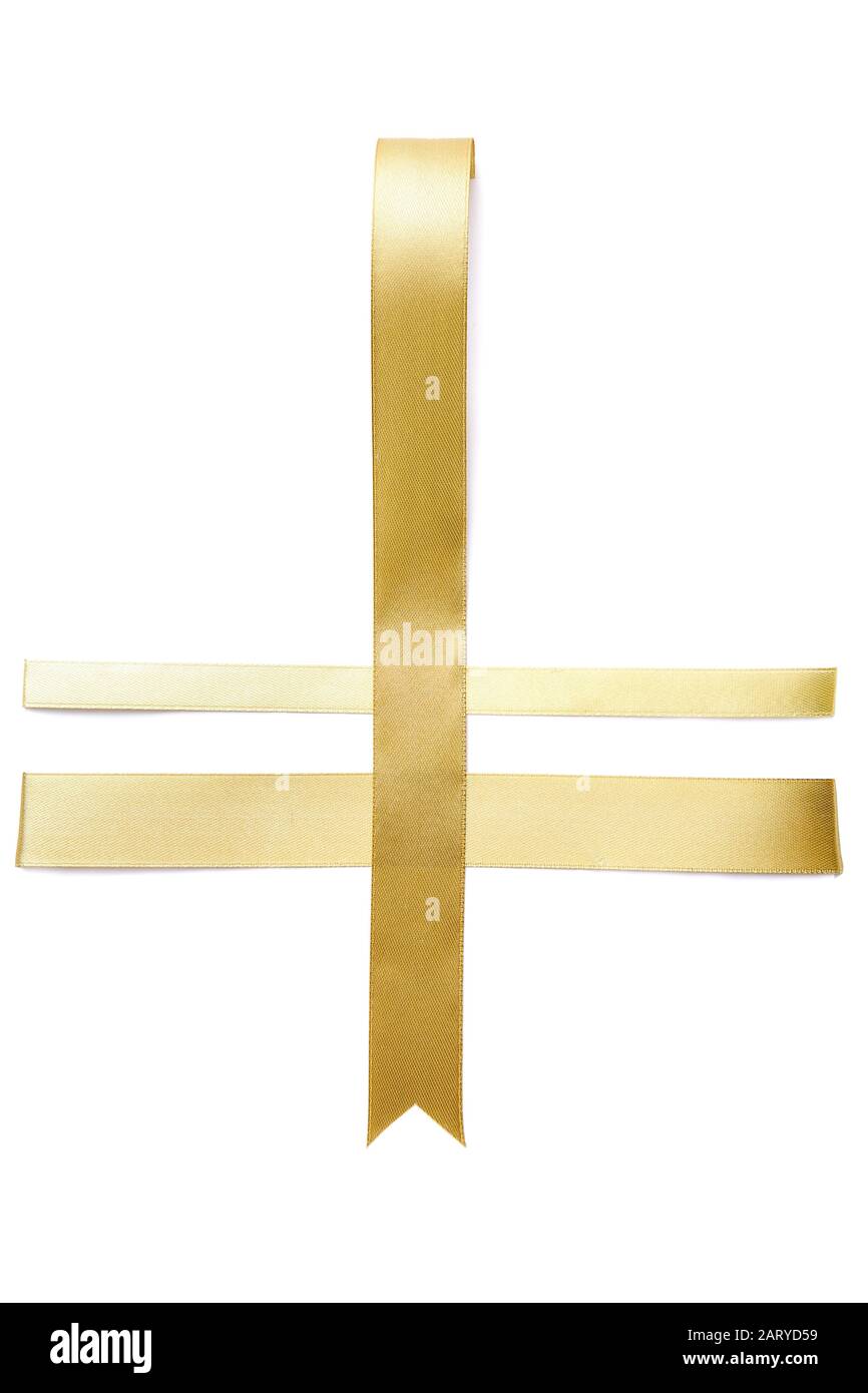 Blank sheet of paper with golden ribbon on white background Stock Photo ...