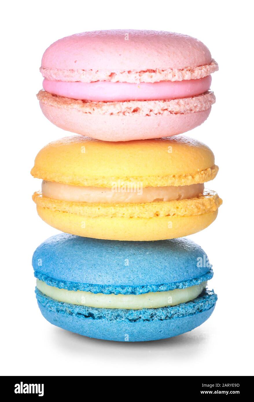 Different tasty macarons on white background Stock Photo - Alamy