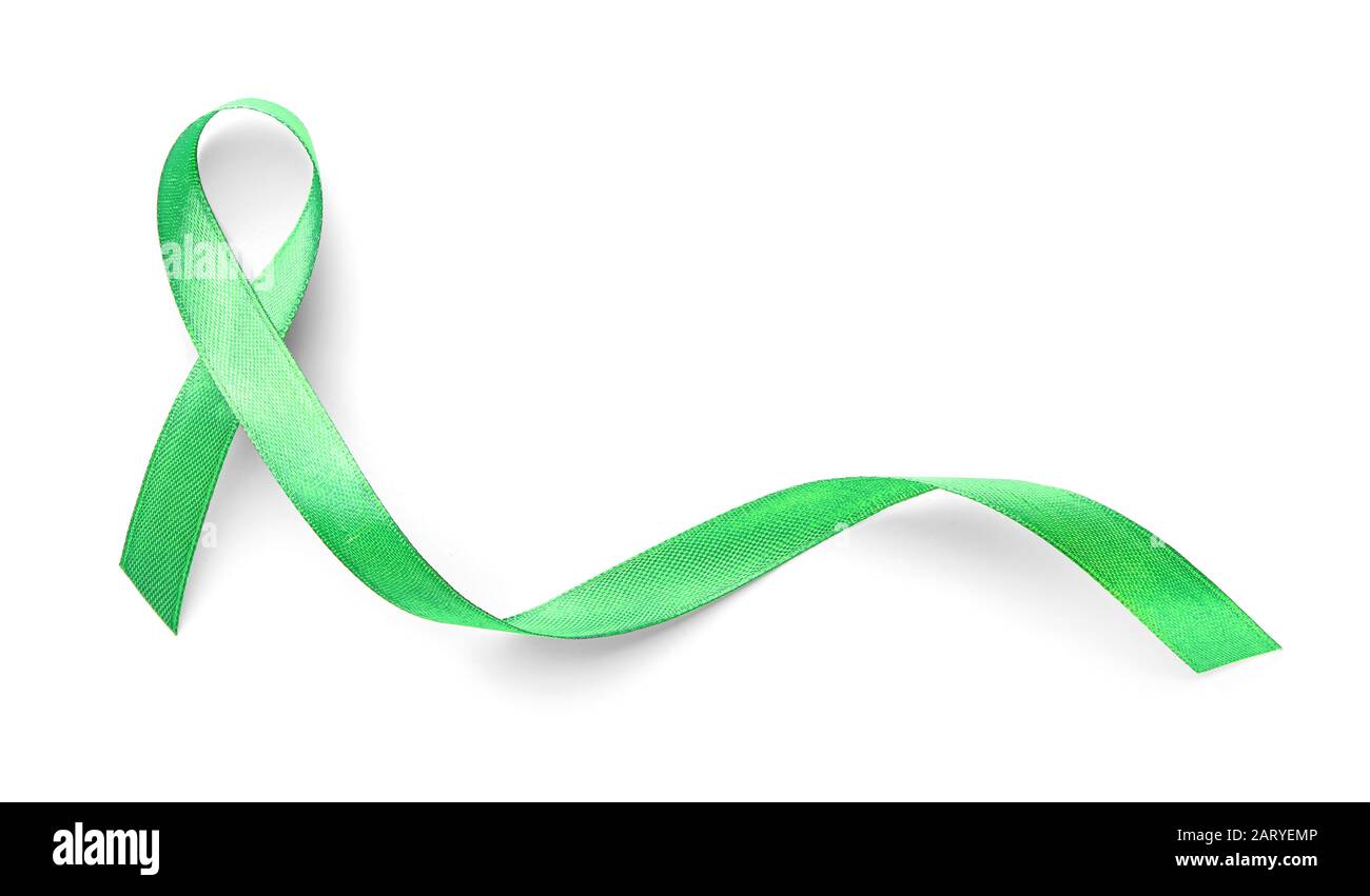 Green ribbon on white background. Cancer awareness concept Stock Photo ...