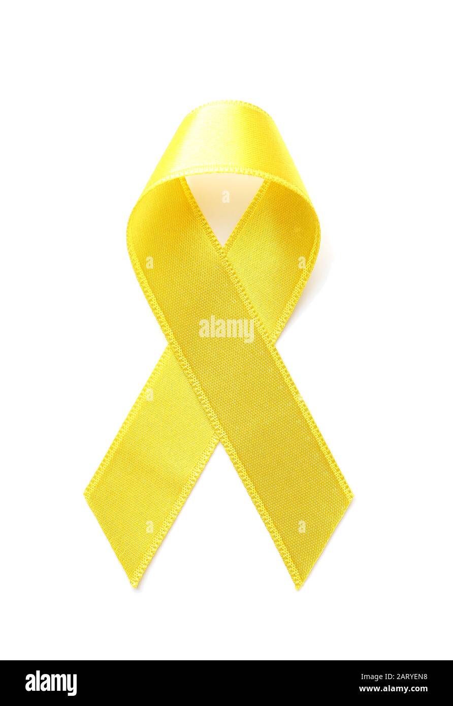 Yellow ribbon on white background. Cancer awareness concept Stock Photo ...