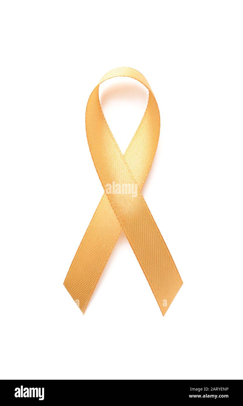 Golden ribbon on white background. Cancer awareness concept Stock Photo ...