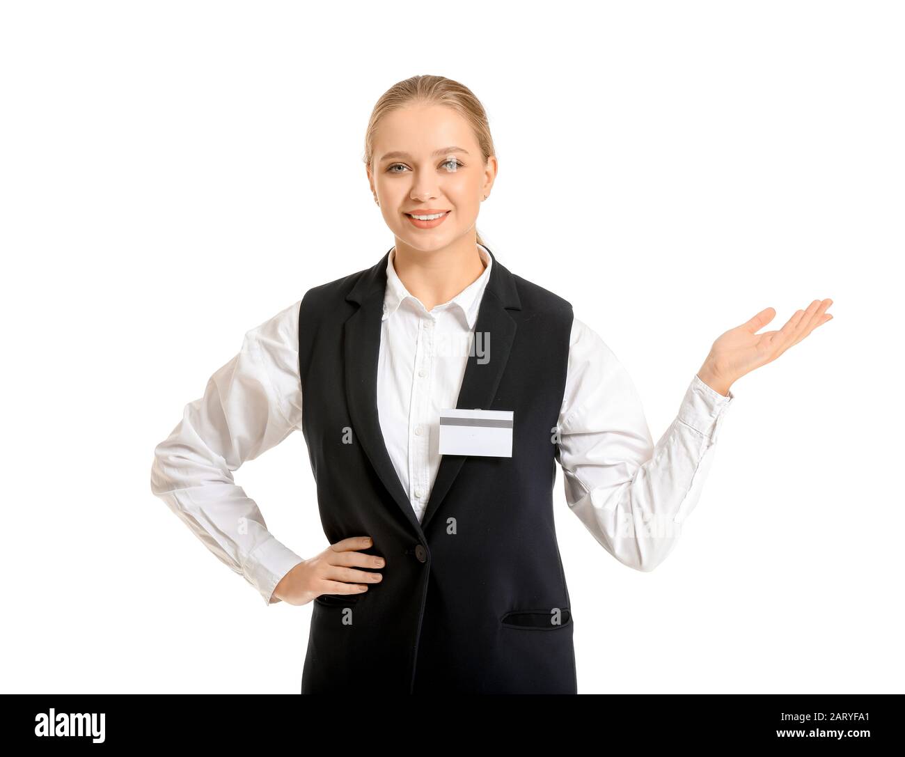 Portrait of female receptionist on white background Stock Photo - Alamy