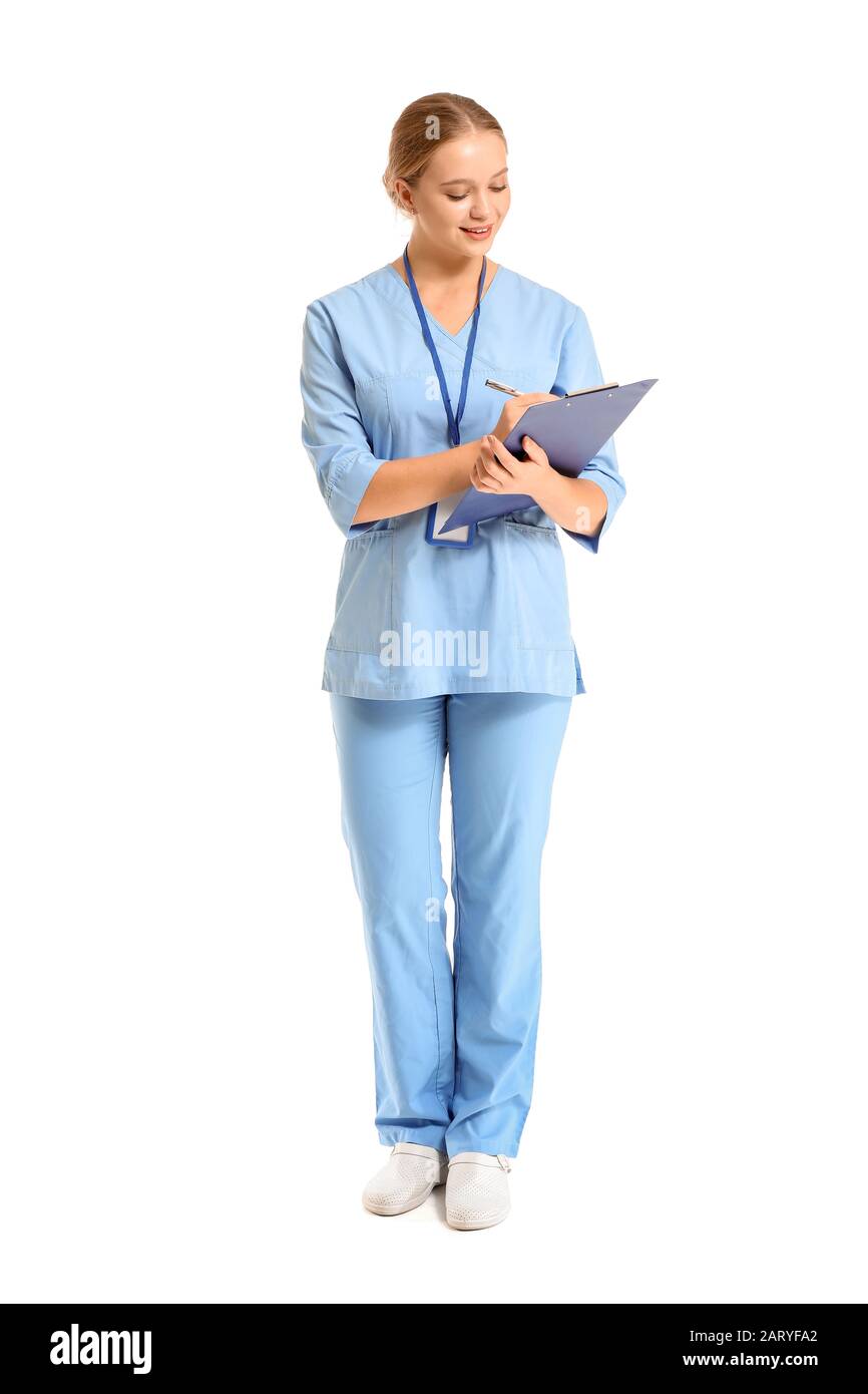 Portrait of medical assistant on white background Stock Photo - Alamy