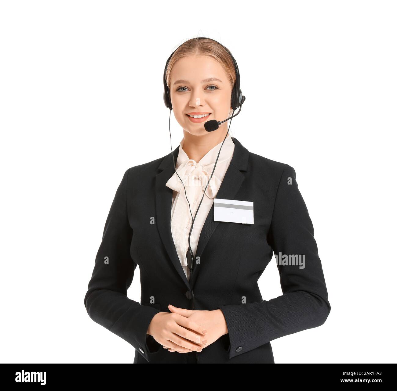 Portrait of female receptionist on white background Stock Photo - Alamy