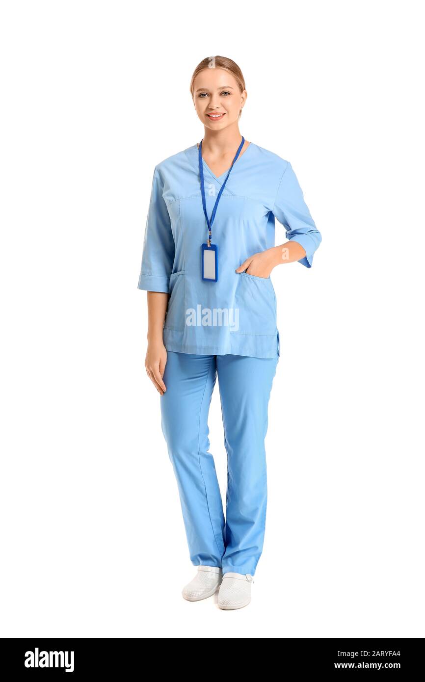 Portrait of medical assistant on white background Stock Photo - Alamy