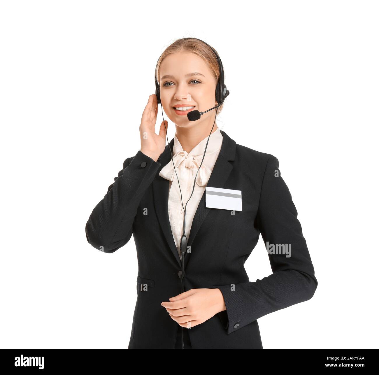 Portrait of female receptionist on white background Stock Photo - Alamy