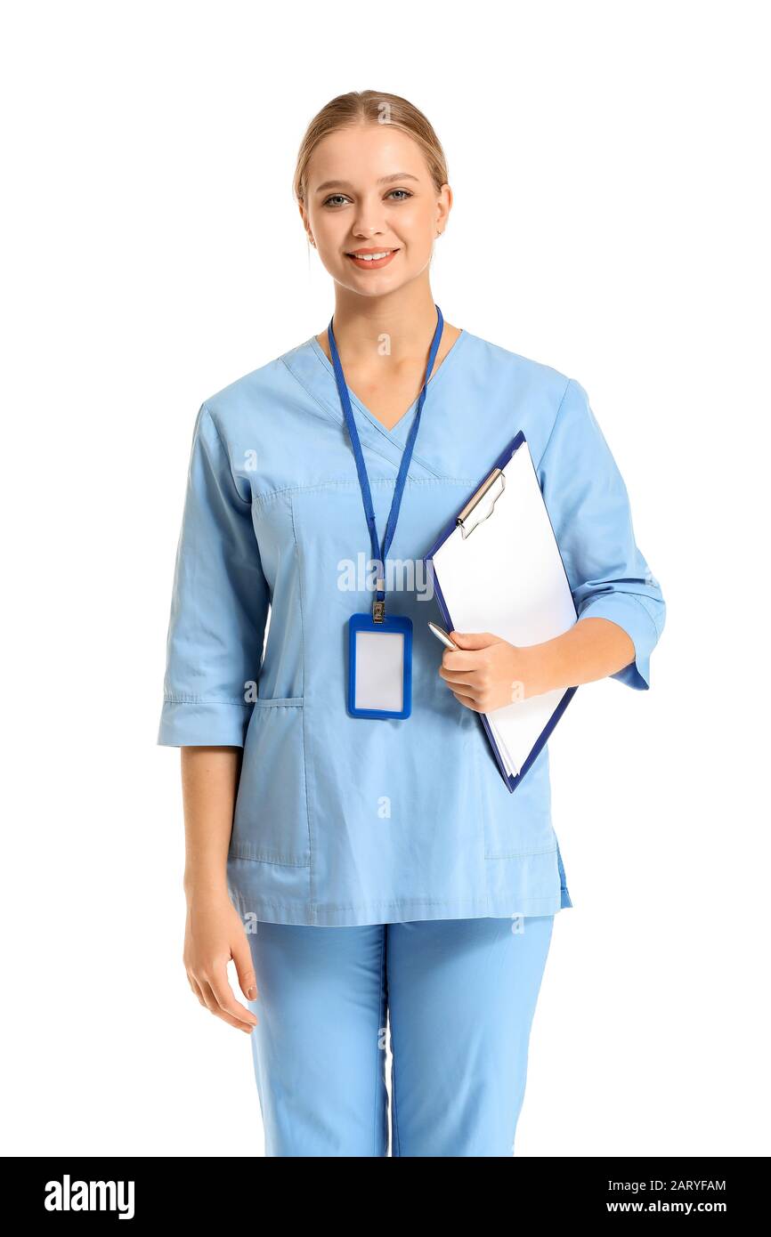 Portrait of medical assistant on white background Stock Photo - Alamy