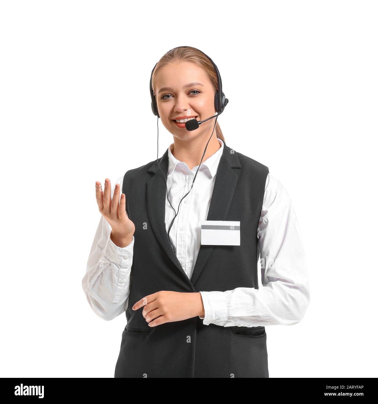 Portrait of female receptionist on white background Stock Photo - Alamy