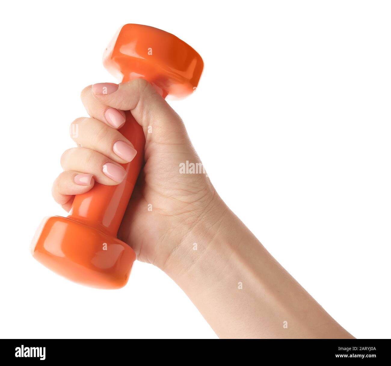 Female hand with dumbbell on white background Stock Photo - Alamy