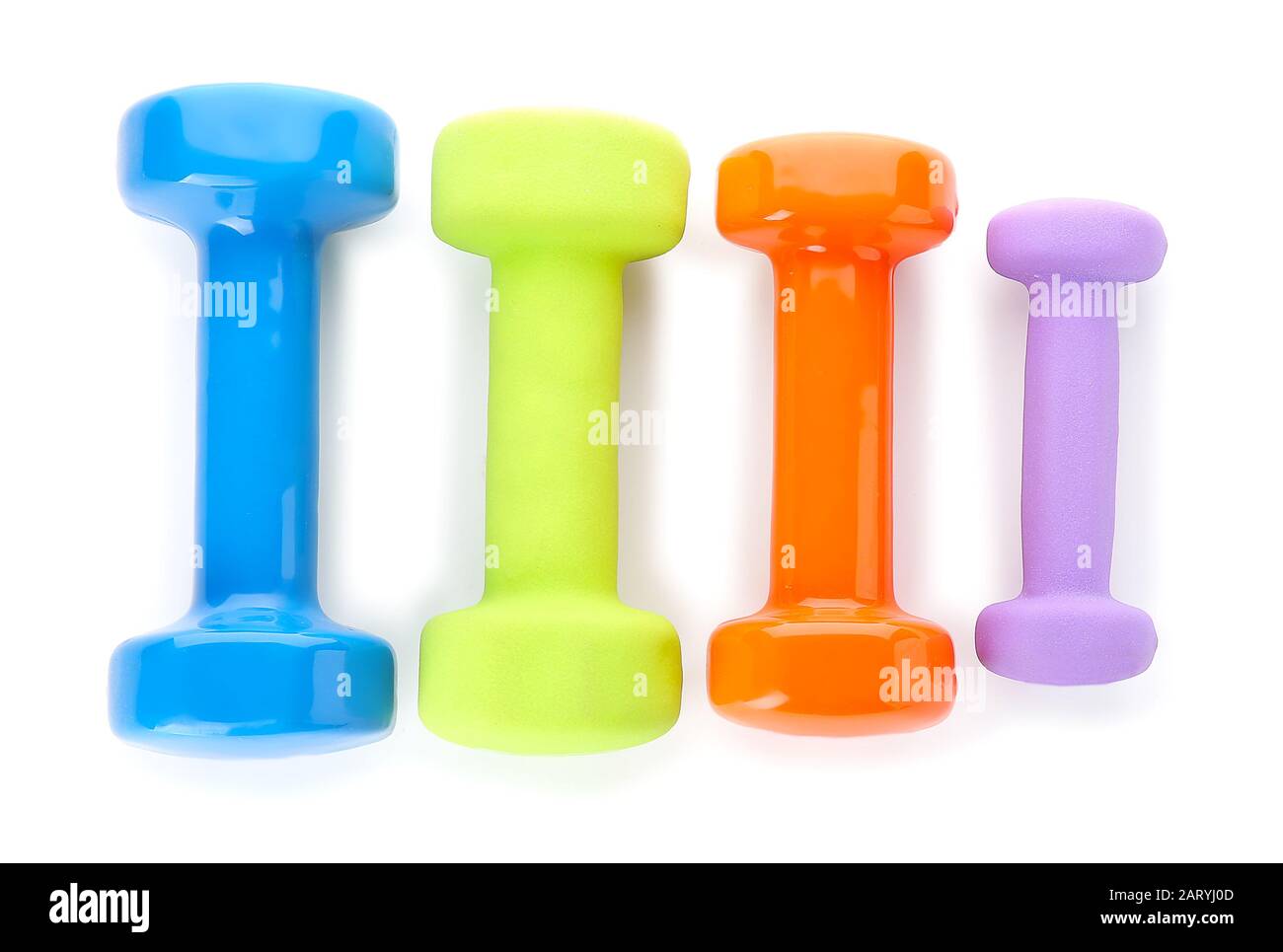 Different dumbbells on white background Stock Photo - Alamy